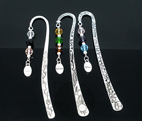 HOUSWEETY Beaded Charm Bookmarks, with Crystal Glass Quartz, Believe Dangle Beads, 3 Pcs, Silver Tone