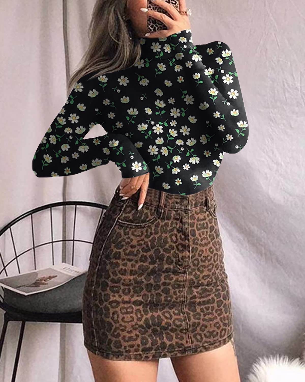 MANGOPOP Women's Mock Turtle Neck Long Sleeve Tops Bodysuit Jumpsuit (Long Sleeve 1#Little Daisy, Medium)