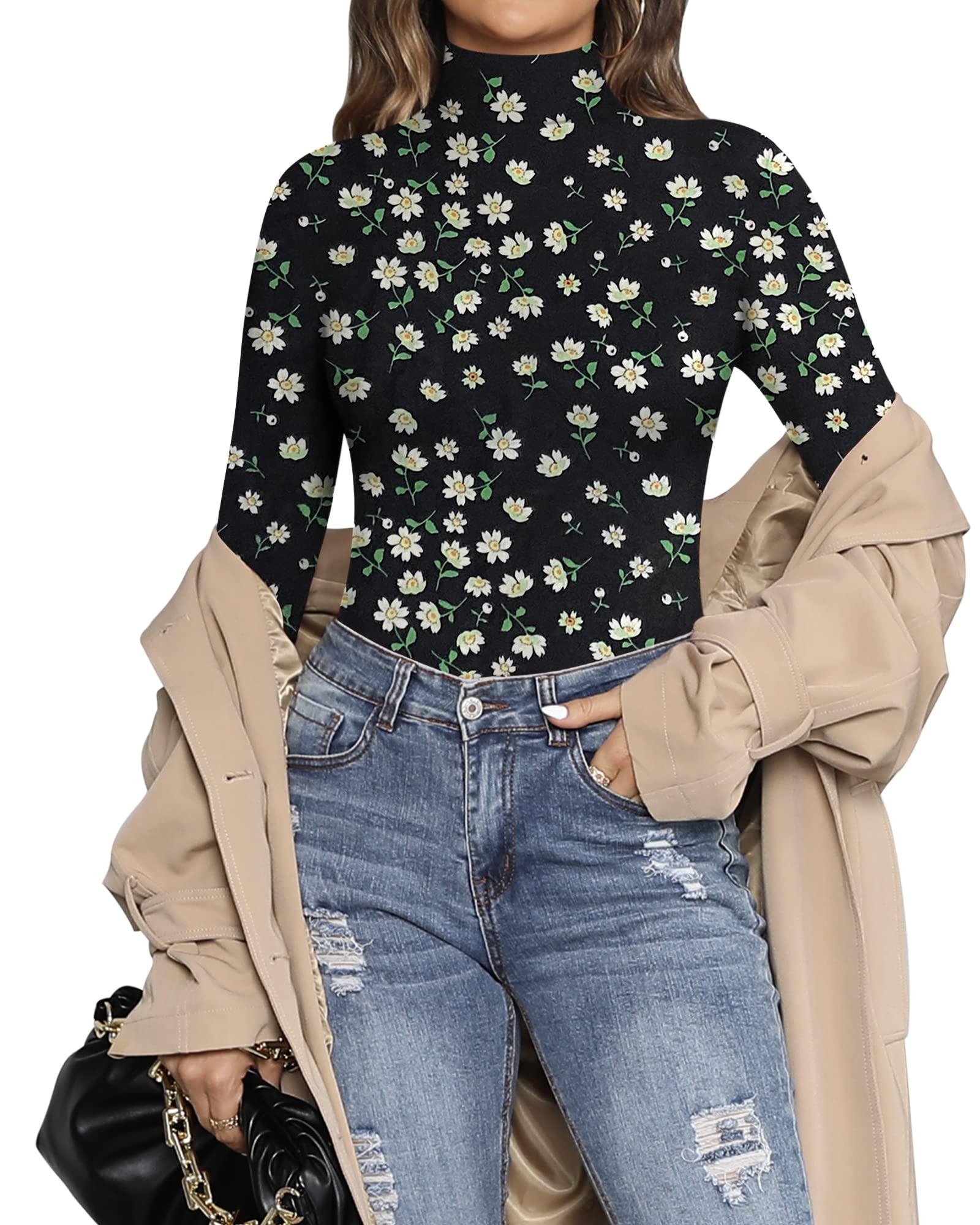 MANGOPOP Women's Mock Turtle Neck Long Sleeve Tops Bodysuit Jumpsuit (Long Sleeve 1#Little Daisy, Medium)