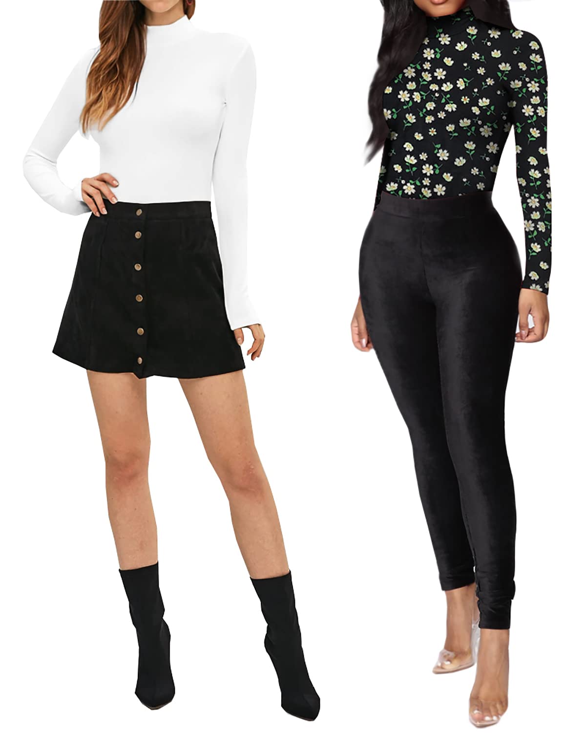 MANGOPOP Women's Mock Turtle Neck Long Sleeve Tops Bodysuit Jumpsuit (Long Sleeve 1#Little Daisy, Medium)