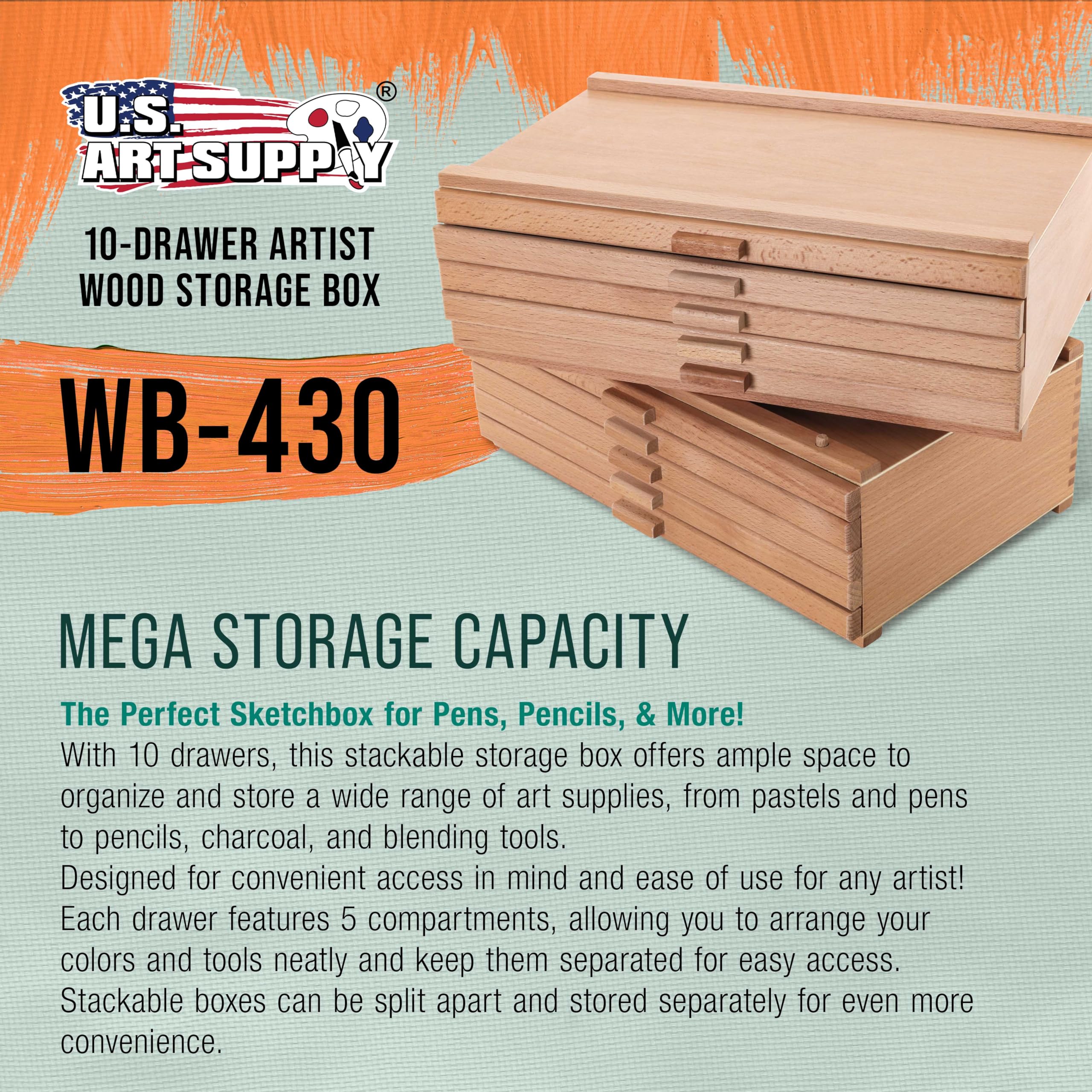 U.S. Art Supply 10 Drawer Wood Artist Supply Storage Box - Pastels, Pencils, Pens, Markers, Brushes