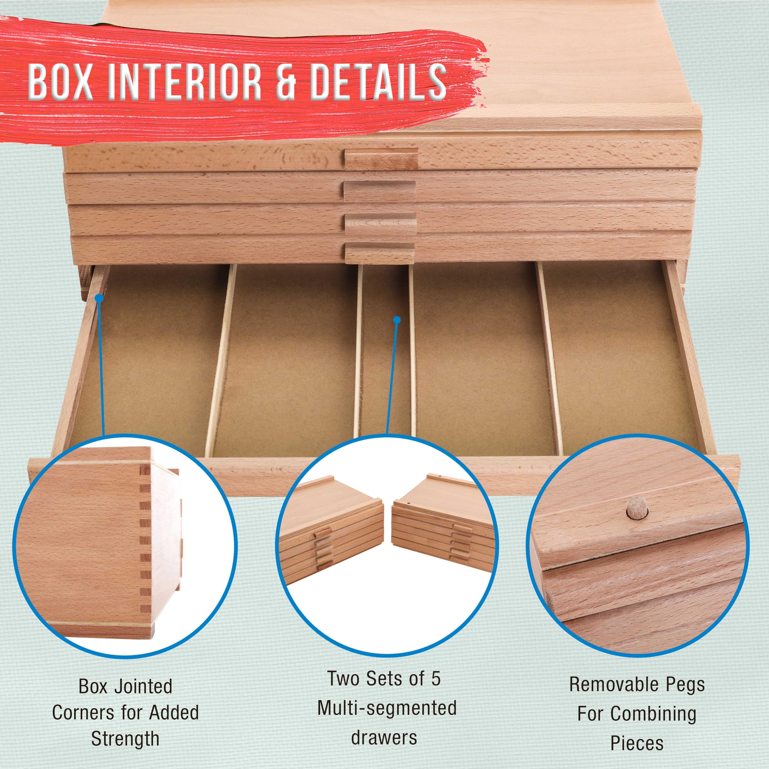 U.S. Art Supply 10 Drawer Wood Artist Supply Storage Box - Pastels, Pencils, Pens, Markers, Brushes