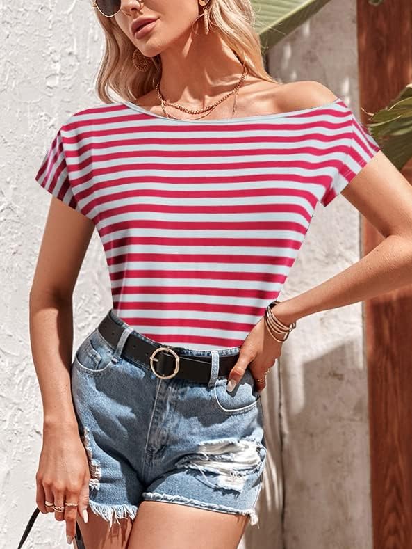 LilyCoco Women's Off The Shoulder Tops Short Sleeve One Shoulder Striped Shirt Red White Striped Small