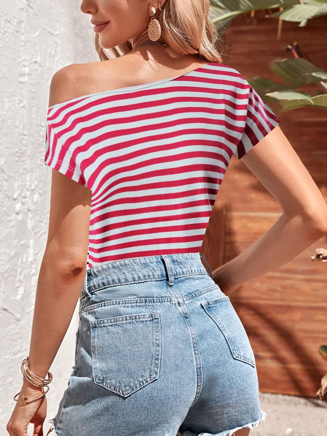 LilyCoco Women's Off The Shoulder Tops Short Sleeve One Shoulder Striped Shirt Red White Striped Small