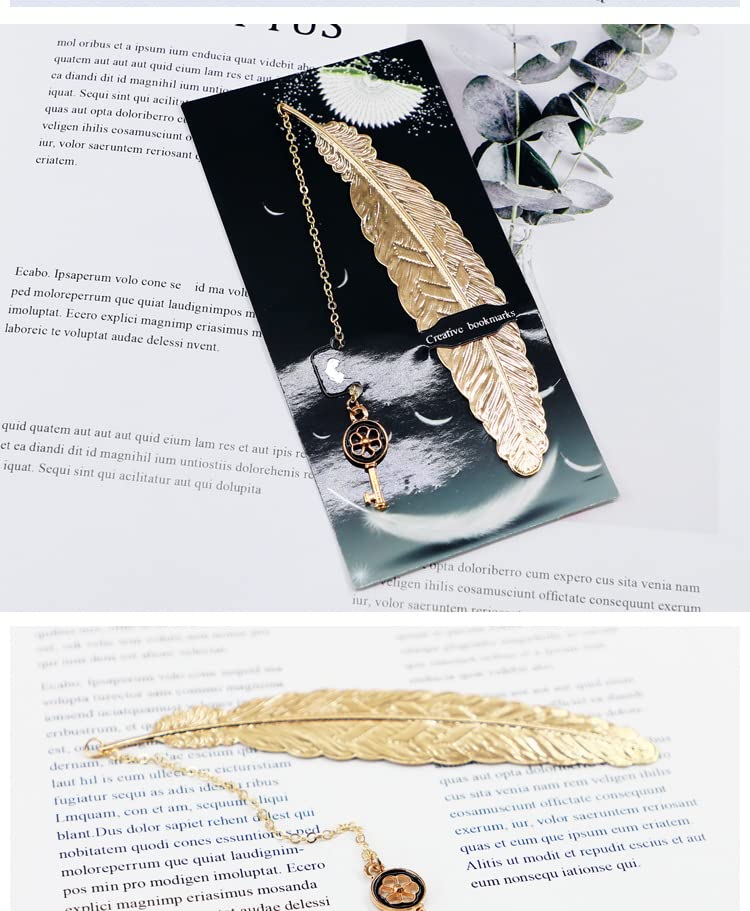 Leaf Metal Bookmarks,Retro Unique Personalized Bookmark,Vintage Metal Feather Bookmark with Key Shell Snowflake Pendant,Christmas Thanksgiving Idea Gift for Women Men Kids Book Lovers Key