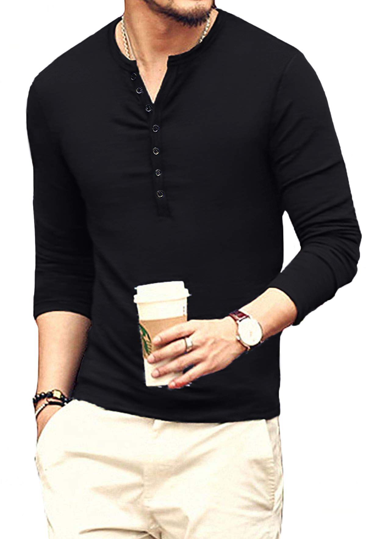 YTD Mens Casual Slim Fit Basic Henley Long Sleeve Fashion T-Shirt XXL Black