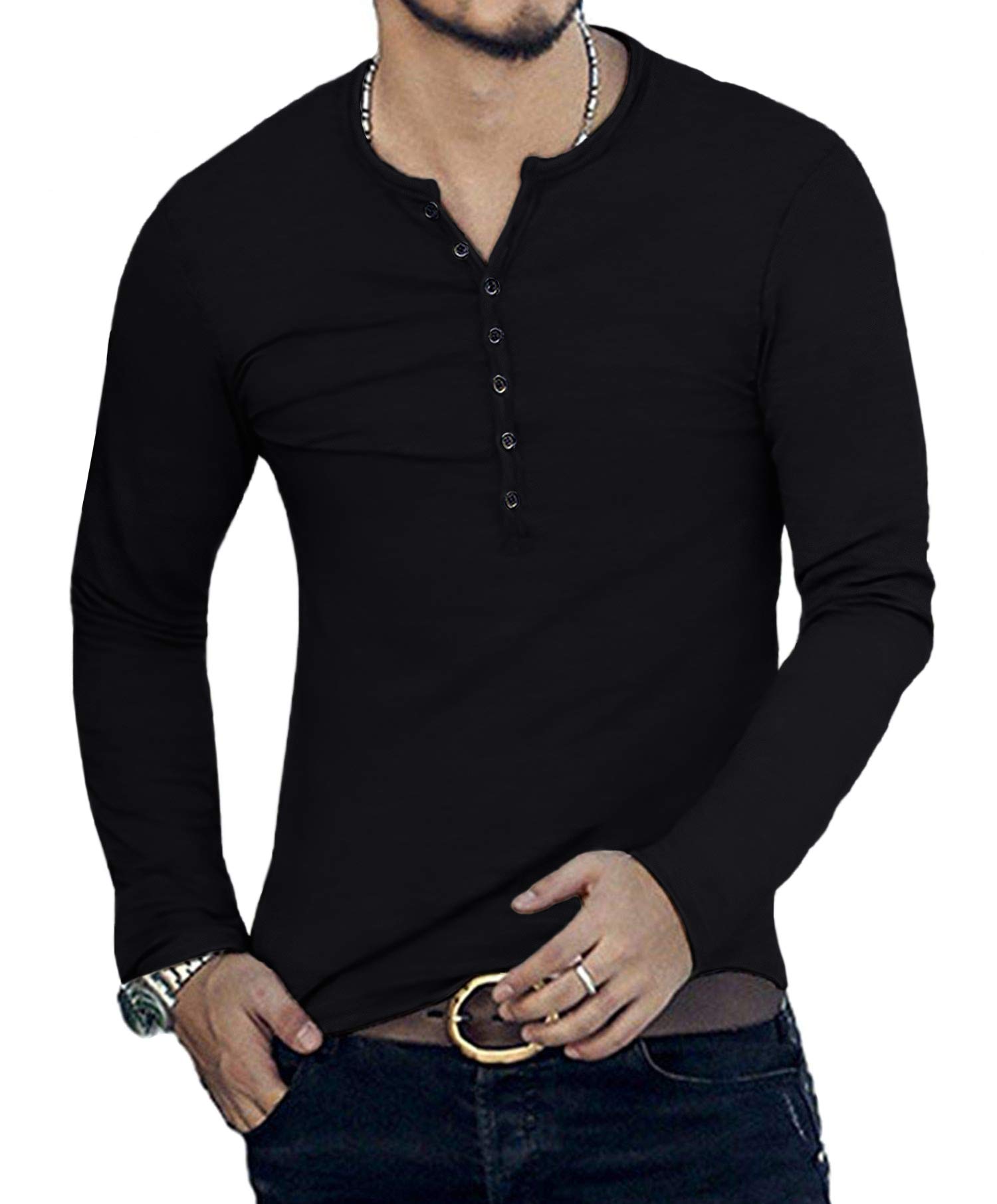 YTD Mens Casual Slim Fit Basic Henley Long Sleeve Fashion T-Shirt XXL Black