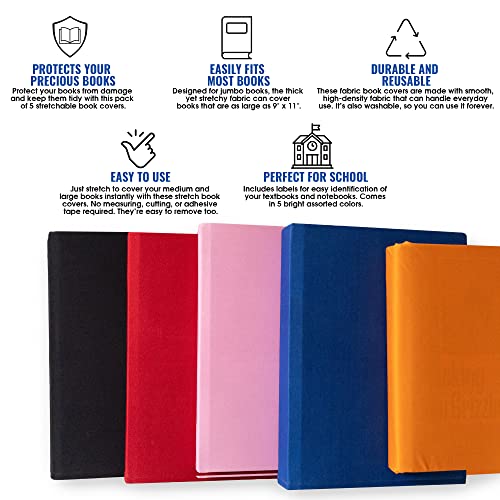 M.I.N Stretchable Book Covers, Jumbo, Set of 5, Solid Colors Fabric Bookcovers, Fits Extra Large Hardcover Textbooks up to 9 x 11, Stretch Book Covers, Durable, Washable & Reusable