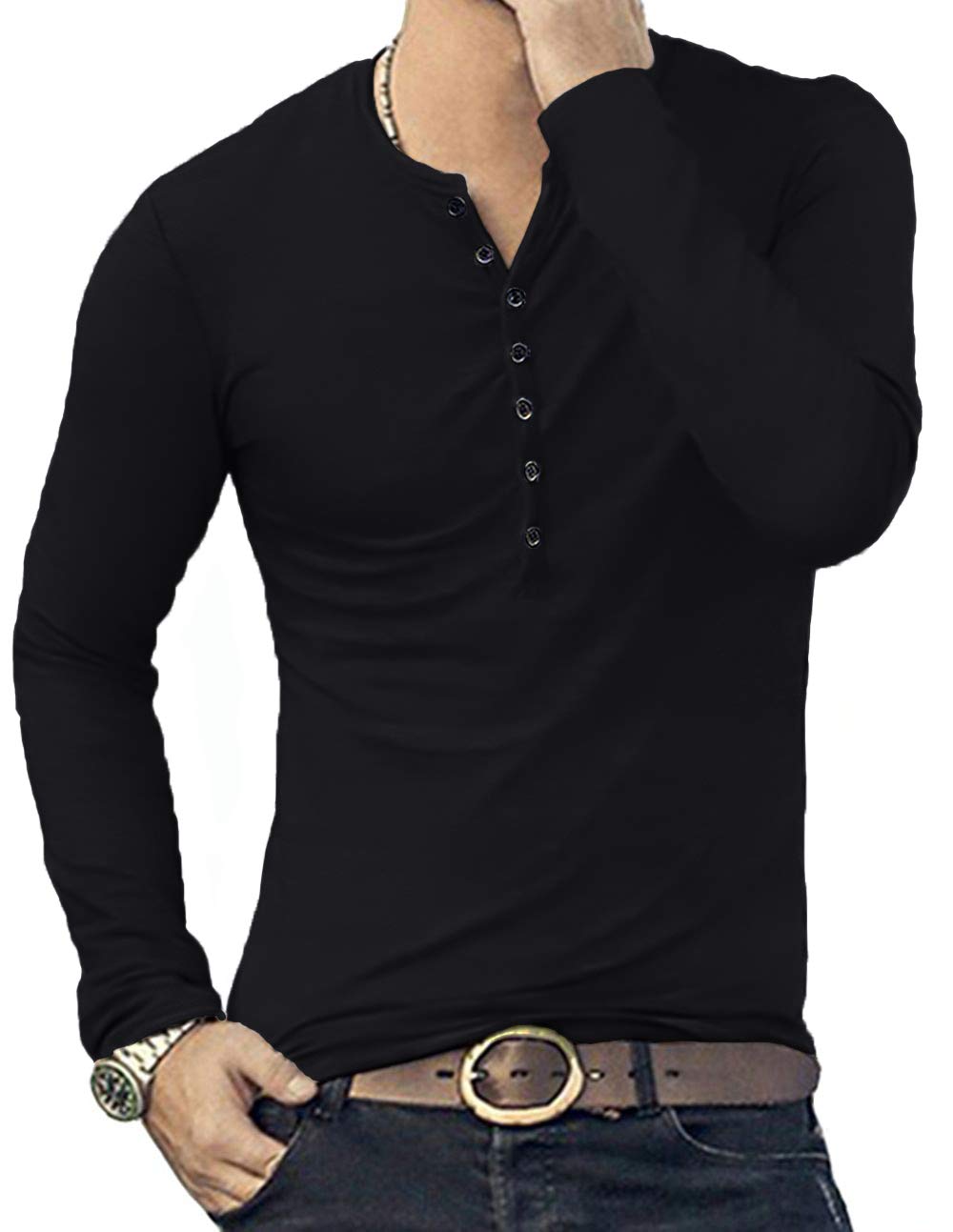 YTD Mens Casual Slim Fit Basic Henley Long Sleeve Fashion T-Shirt XXL Black