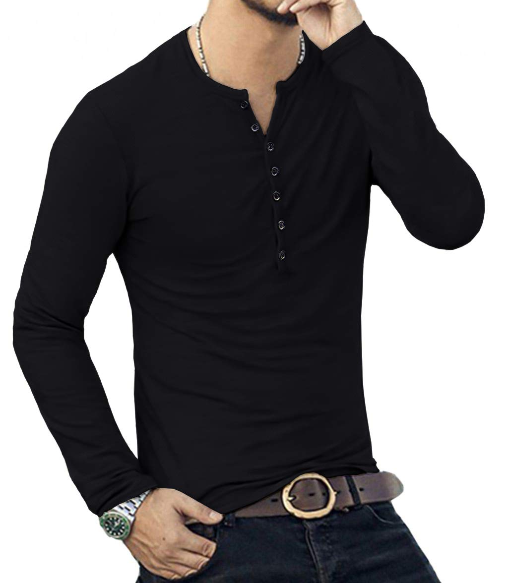YTD Mens Casual Slim Fit Basic Henley Long Sleeve Fashion T-Shirt XXL Black