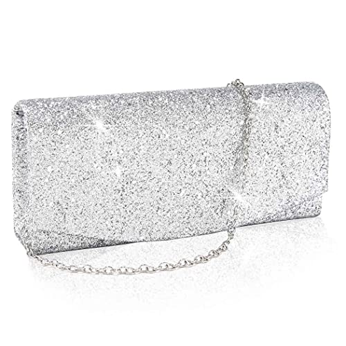 Yokawe Women's Clutch Purse Glitter Evening Bag Prom Party Bride Wedding Handbag (Silver)
