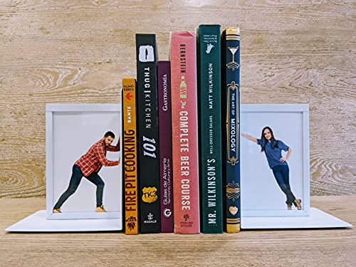 MODBRANDS Premium Bookends Set with Photo Frames. Non-Skid, Sturdy Metal with Acrylic Photo Protection (Extra acrylics Included), 6.75 x 5.5 x 4 in, 1 Pair (Set of 2), White