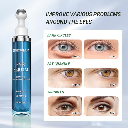 5% Caffeine Peptide Eye Serum, Under Eye Roller Cream for Dark Circles, Puffiness, Bags Under Eyes - 360° Massage Ball Cream Anti-aging for Wrinkles Fine Lines and Firming (Light blue)