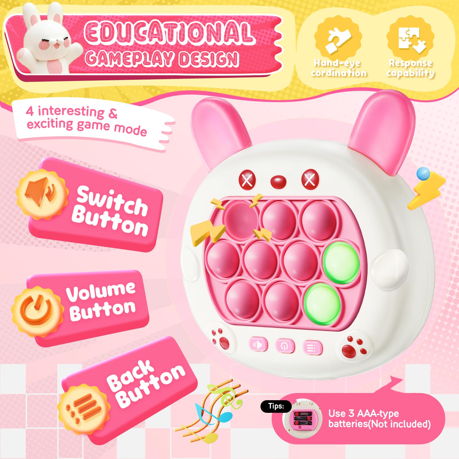 Alltope Pop Fidget Kids Games Toys Fast Push Game, 4 Different Modes Handheld Bubble It Pro Light Up Game Portable Puzzle Machine for Kids, Boys, Girls, Teens, Adult Birthday Gift Rabbit Pink