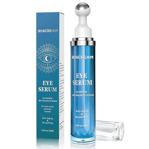 5% Caffeine Peptide Eye Serum, Under Eye Roller Cream for Dark Circles, Puffiness, Bags Under Eyes - 360° Massage Ball Cream Anti-aging for Wrinkles Fine Lines and Firming (Light blue)