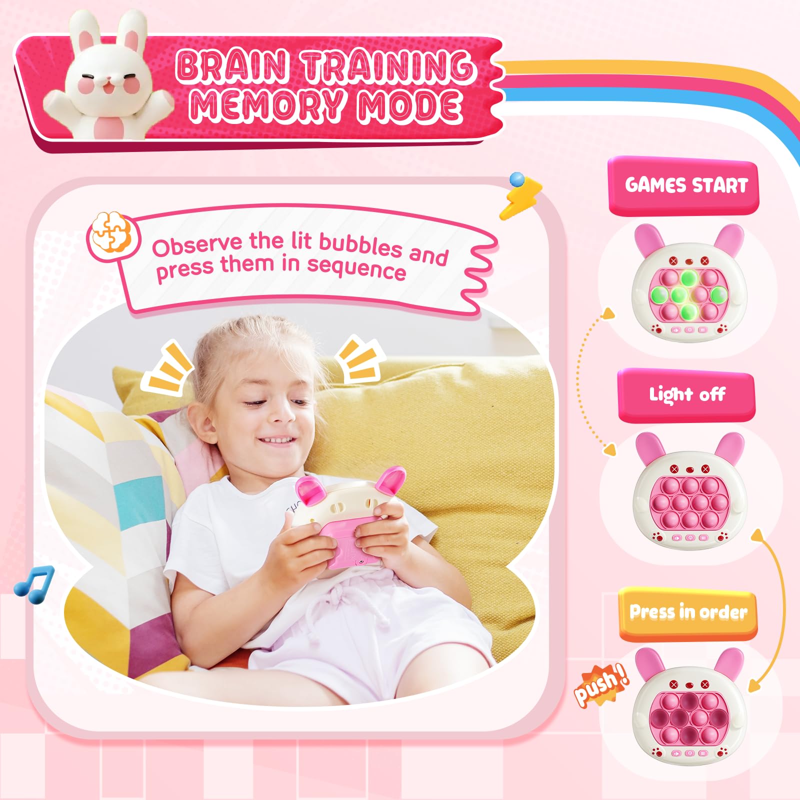 Alltope Pop Fidget Kids Games Toys Fast Push Game, 4 Different Modes Handheld Bubble It Pro Light Up Game Portable Puzzle Machine for Kids, Boys, Girls, Teens, Adult Birthday Gift Rabbit Pink