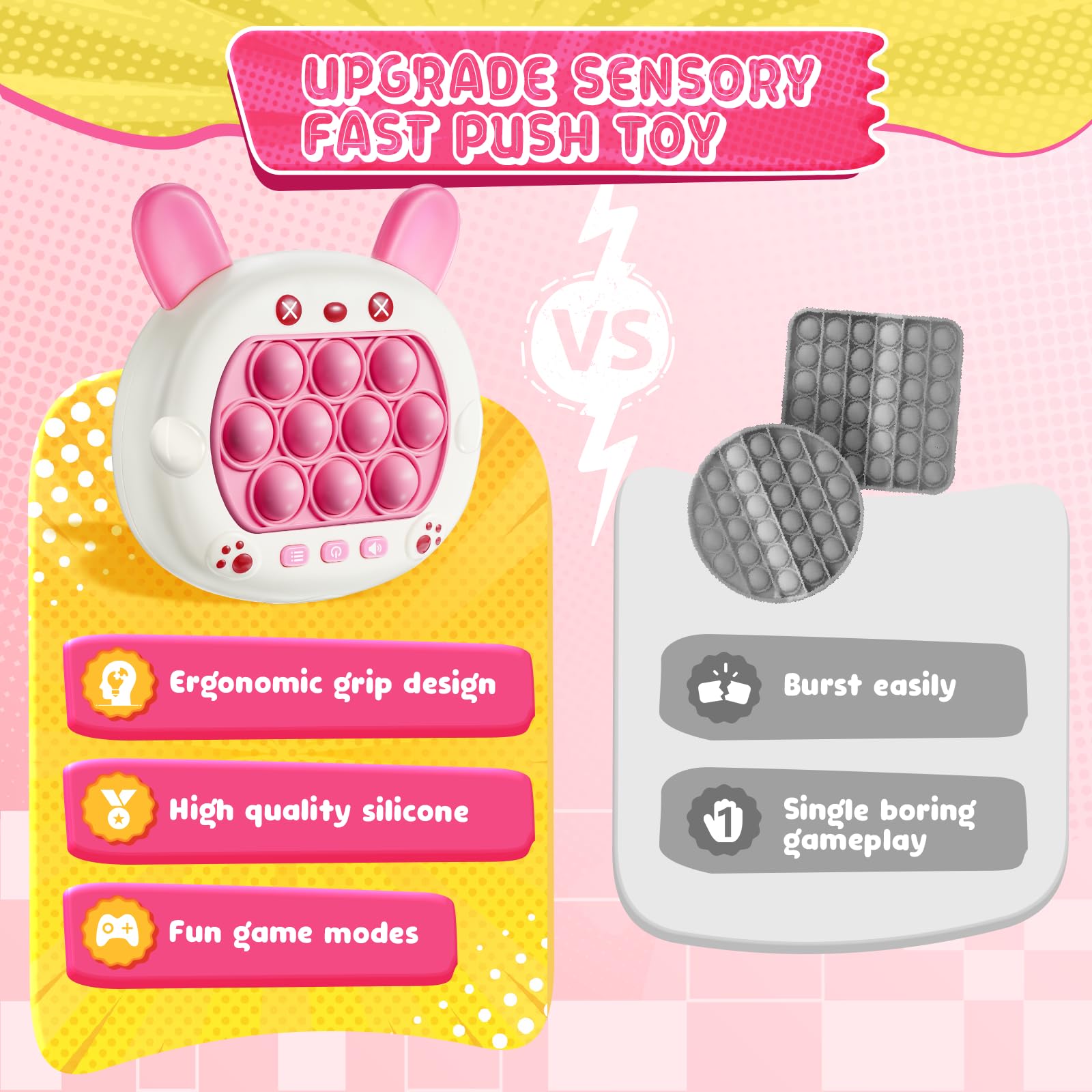 Alltope Pop Fidget Kids Games Toys Fast Push Game, 4 Different Modes Handheld Bubble It Pro Light Up Game Portable Puzzle Machine for Kids, Boys, Girls, Teens, Adult Birthday Gift Rabbit Pink