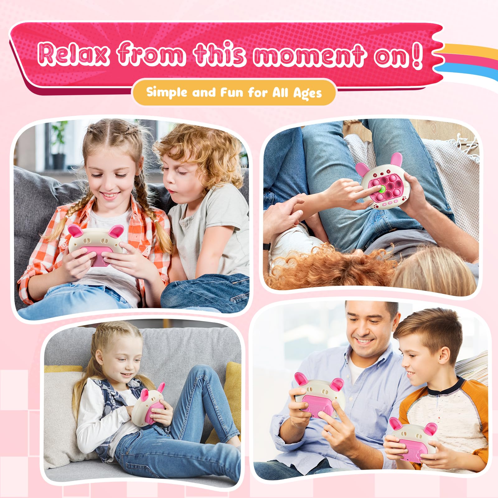 Alltope Pop Fidget Kids Games Toys Fast Push Game, 4 Different Modes Handheld Bubble It Pro Light Up Game Portable Puzzle Machine for Kids, Boys, Girls, Teens, Adult Birthday Gift Rabbit Pink