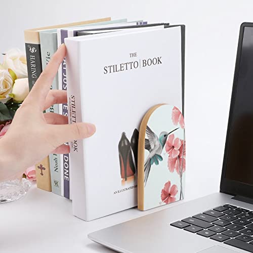 Wooden Book Ends 2 Pieces,Hummingbird with Hibiscus Decorative Bookshelf Sturdy Book Holders for Home Office School Book Organizers 5x3.1x3.9 inches