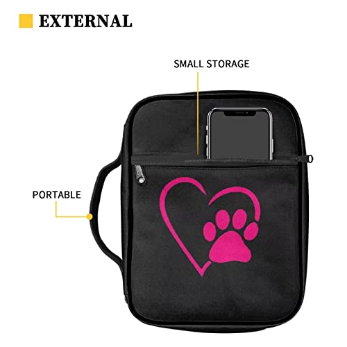 Suhoaziia Dog Paw Heart Pink Bible Cover, Tote Portable Scripture Journaling Notebook Protector with Handle and Zipper Pocket