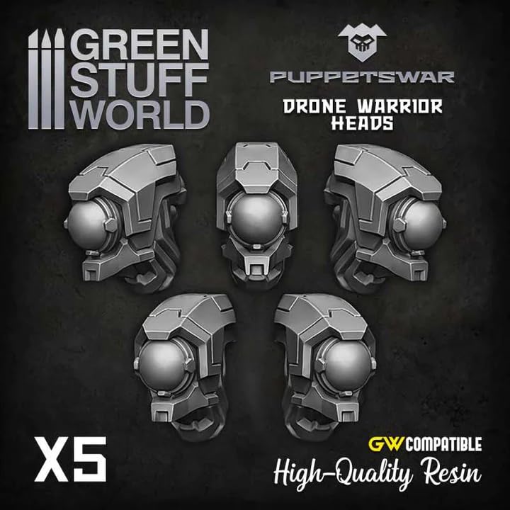 Green Stuff World Miniature Heads Set: 5 Resin Drone Warrior Heads for 28/32mm Tabletop Wargaming