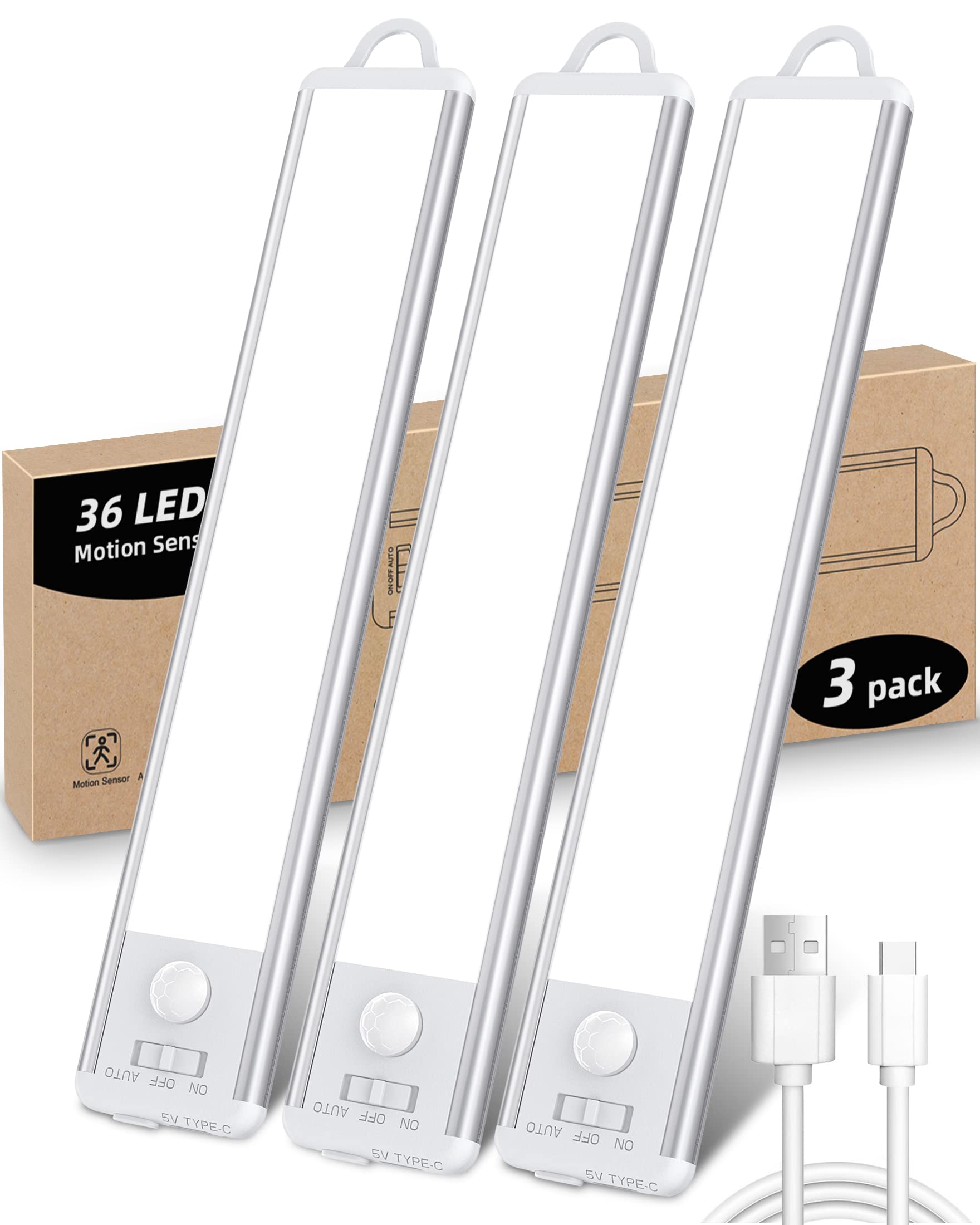 Under Cabinet Lights Motion Sensor:36-LED Closet Lights Under Counter Lights for Kitchen,1500 Mah Type C Rechargeable Cabinet Lights Motion Sensor Light Indoor Stick on Lights 3 Pack 9.6 Inch