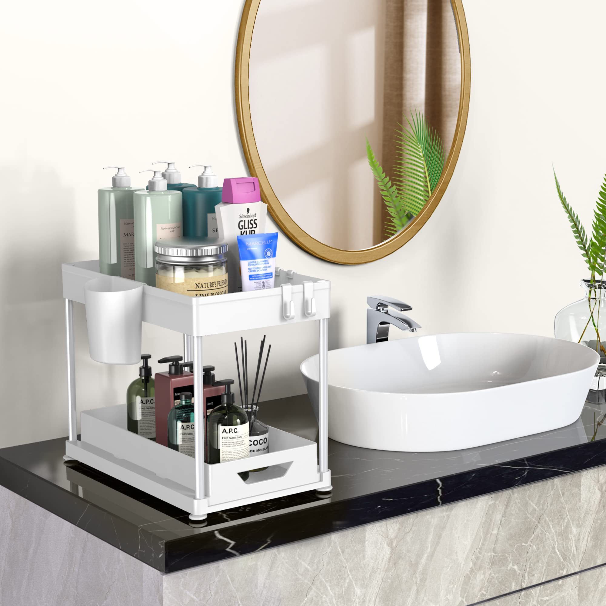 Fkprorjv Under Sink Organizers and Storage, 2 Pack Kitchen Bathroom Sink Organizer with Hooks, 2 Tier Under Sink Cabinet Basket Storage Shelf with Sliding Drawers, White