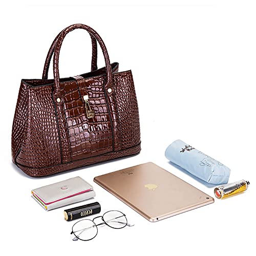 Retro Messenger Lock Bag Fashion Shoulder Handbags Three-piece Bags Crocodile Pattern Purses Female Top Handle Tote (Black)