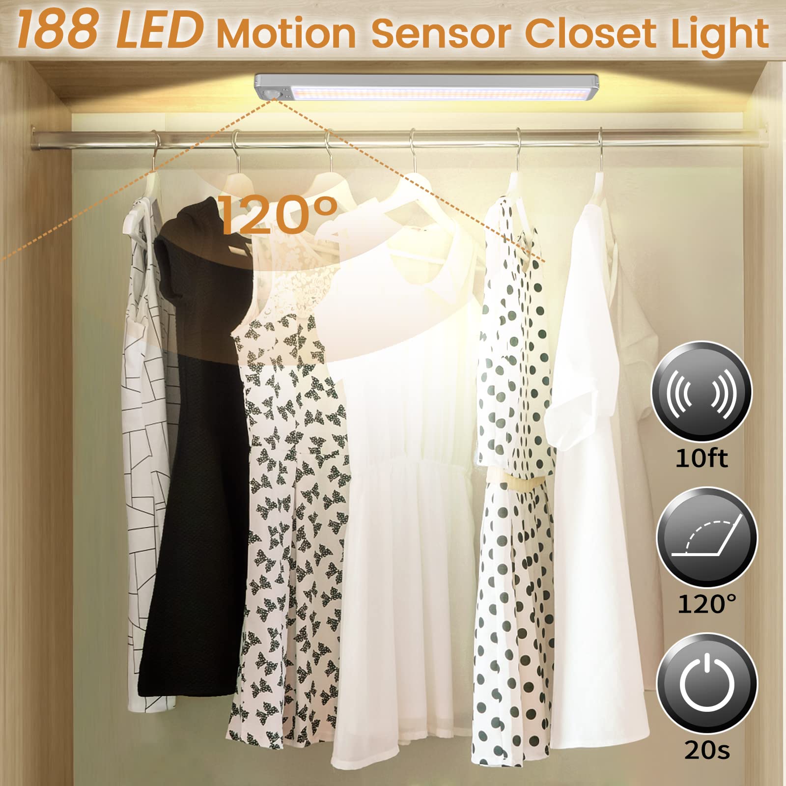 Under Cabinet Lights Rechargeable Under Counter Lights for Kitchen, 188 LED Closet Light Motion Sensor Light Indoor, Dimmable Magnetic Under Cabinet Lighting, 2-Pack