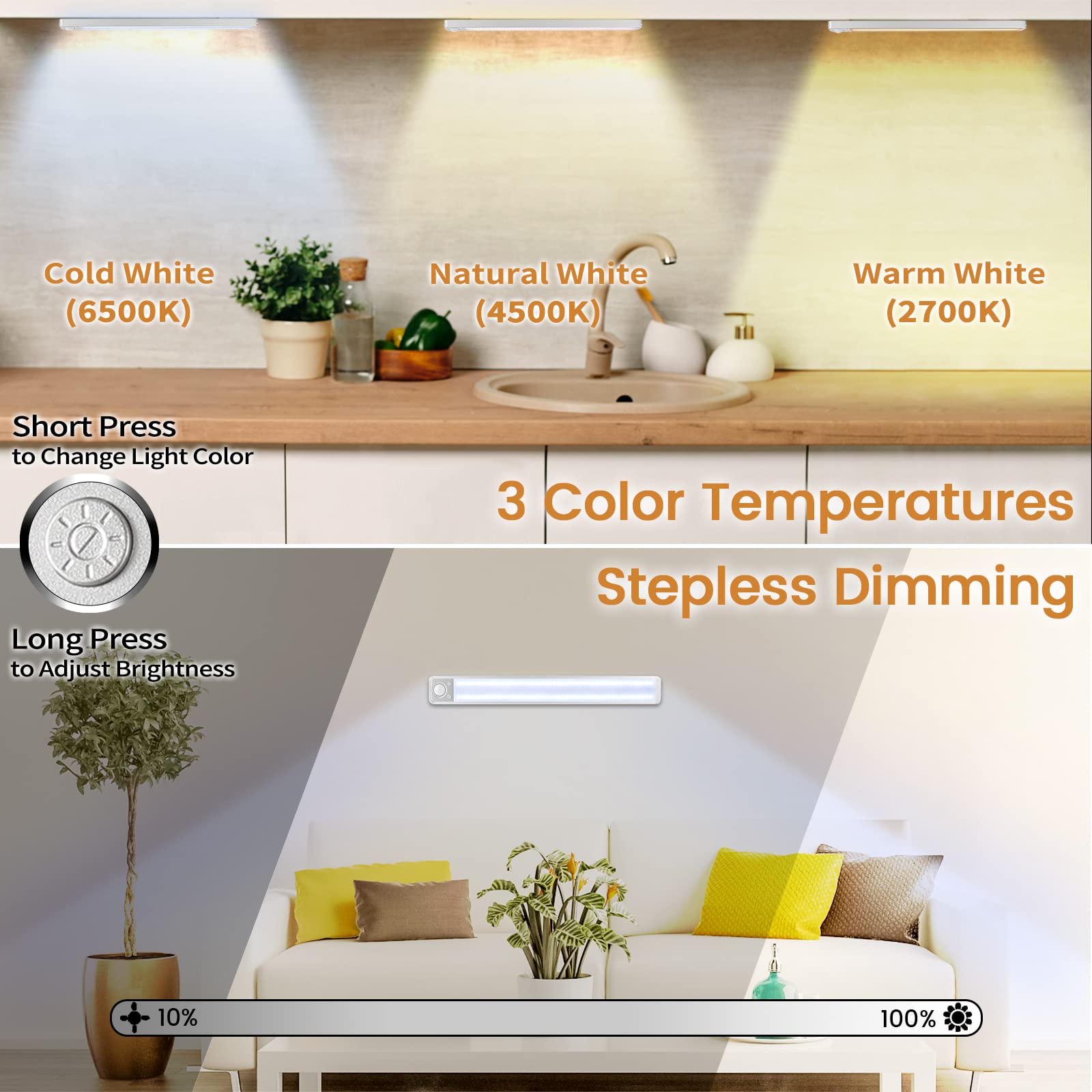 Under Cabinet Lights Rechargeable Under Counter Lights for Kitchen, 188 LED Closet Light Motion Sensor Light Indoor, Dimmable Magnetic Under Cabinet Lighting, 2-Pack