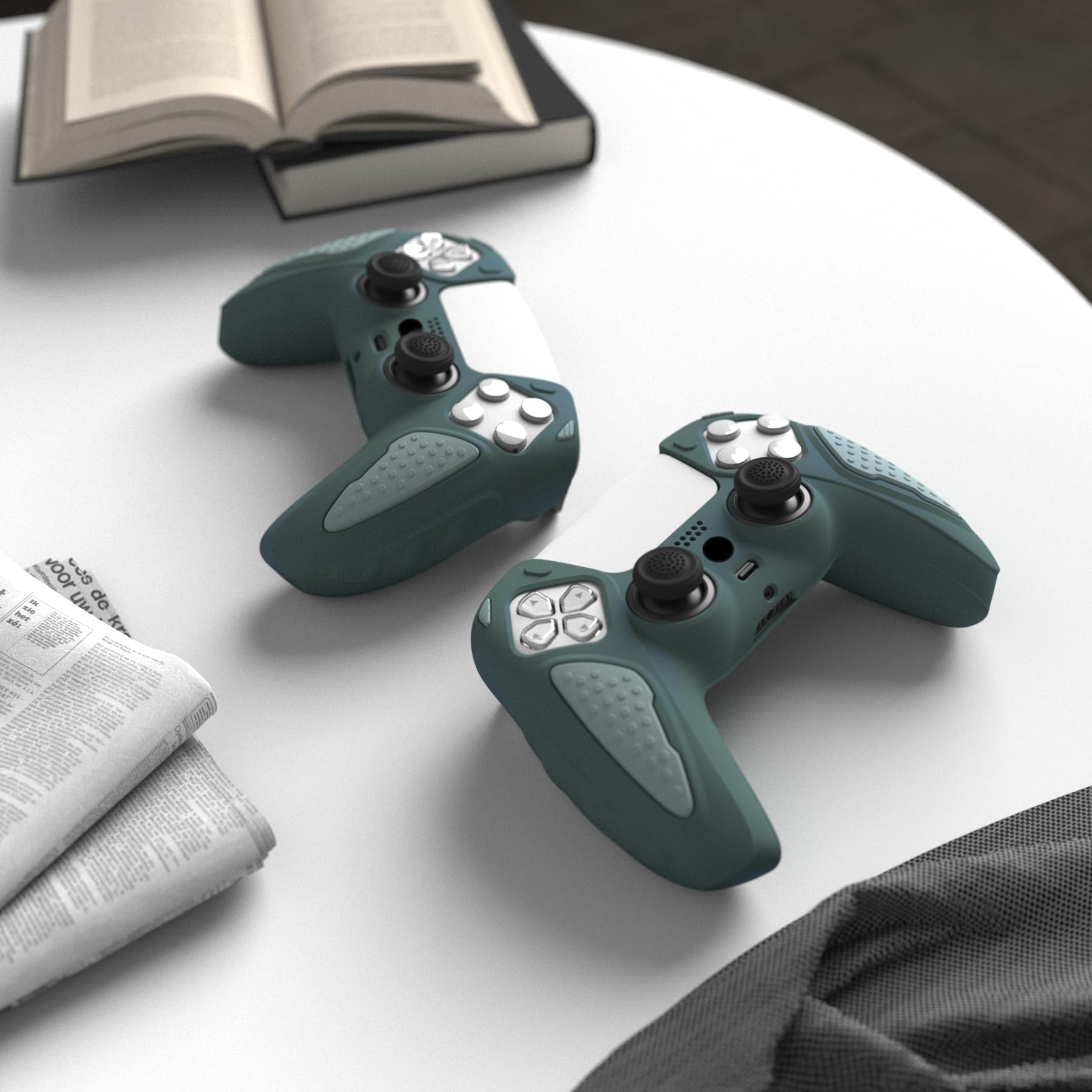PlayVital Knight Edition Templeton Gray & Jade Grey Two Tone Anti-Slip Silicone Cover Skin for ps5 Controller, Soft Rubber Case for ps5 Wireless Controller with Thumb Grip Caps