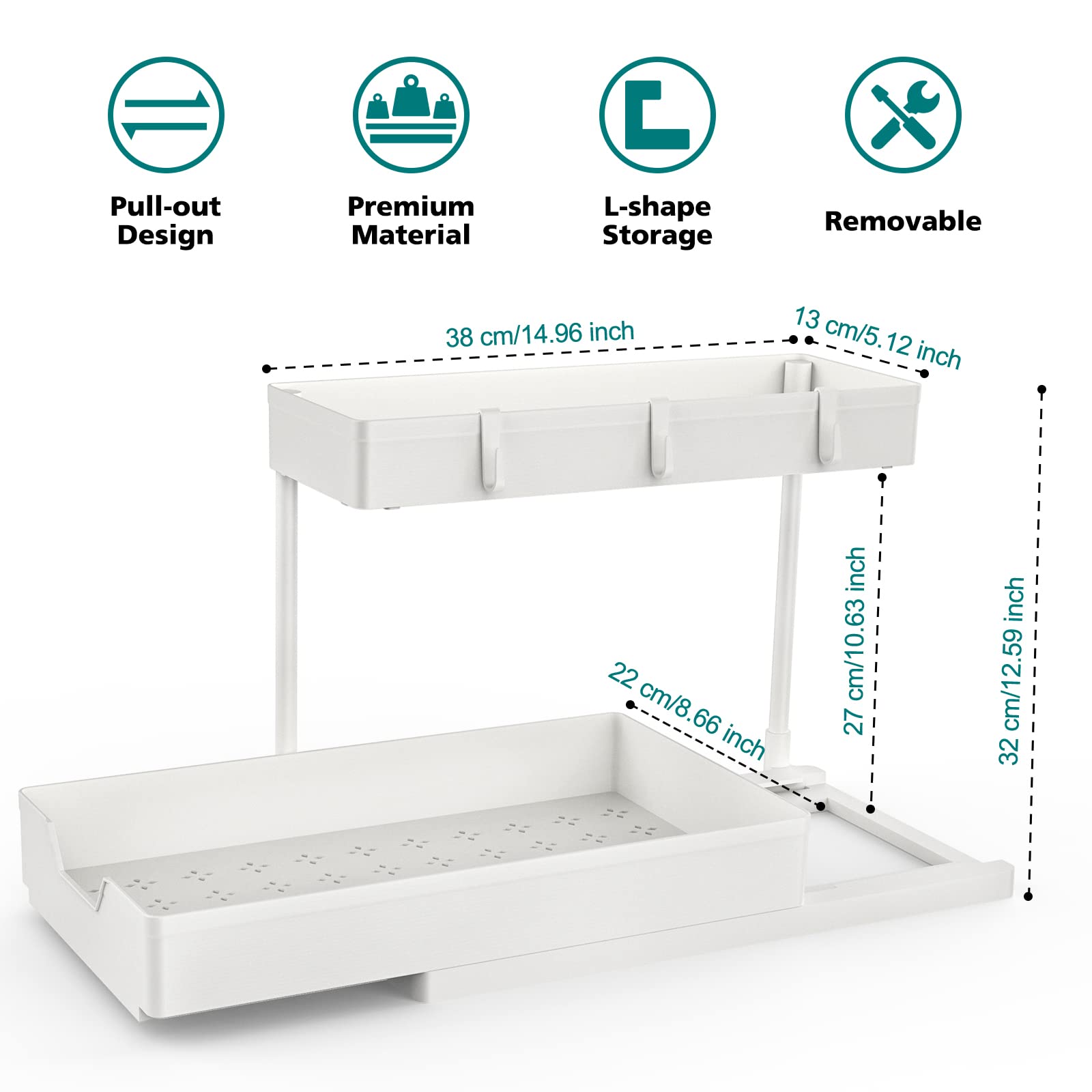 2-Tier Under Sink Organizers and Storage 2 Pack Sliding L-shape Under Cabinet Organizers For Narrow Space Multi-purpose Sink Organizer for Bathroom Kitchen Drawer(White 2 Pack)