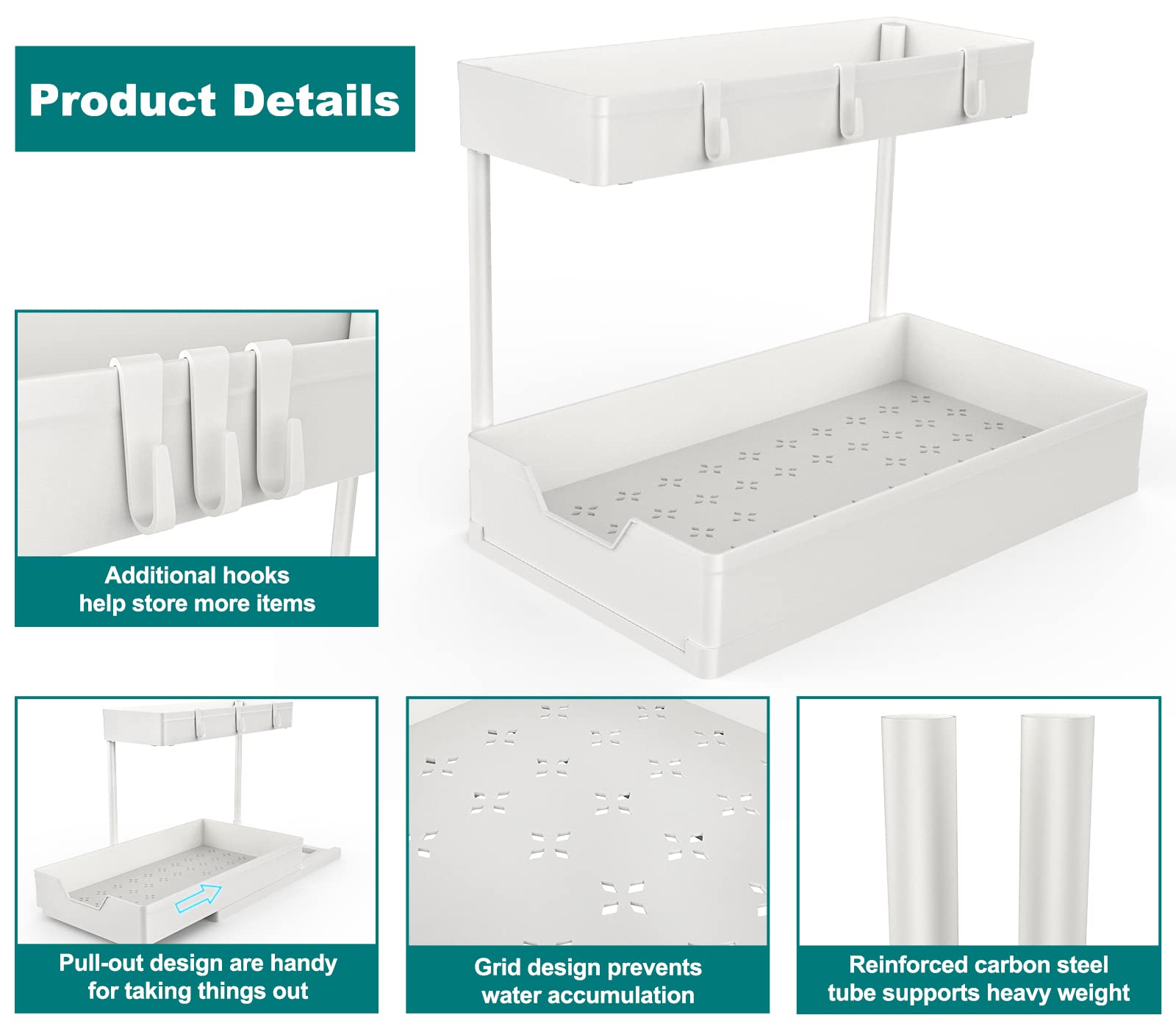 2-Tier Under Sink Organizers and Storage 2 Pack Sliding L-shape Under Cabinet Organizers For Narrow Space Multi-purpose Sink Organizer for Bathroom Kitchen Drawer(White 2 Pack)