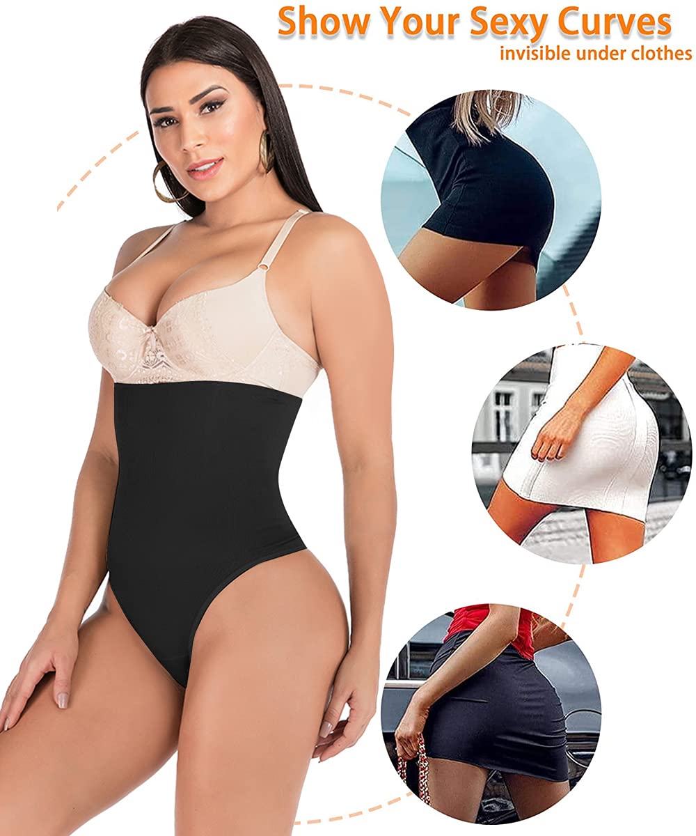 FLORATA Women's Thong Shapewear Tummy Control Butt Lifting Panties High Waist Body Shaper Briefs Black