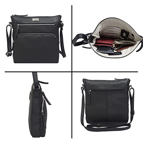 ASSOTS Genuine Leather Crossbody Bag for Women – Triple Zip Crossover Purse Travel Bag Fits iPad Pro 11” (AGATHA - Black Pebble Grain)