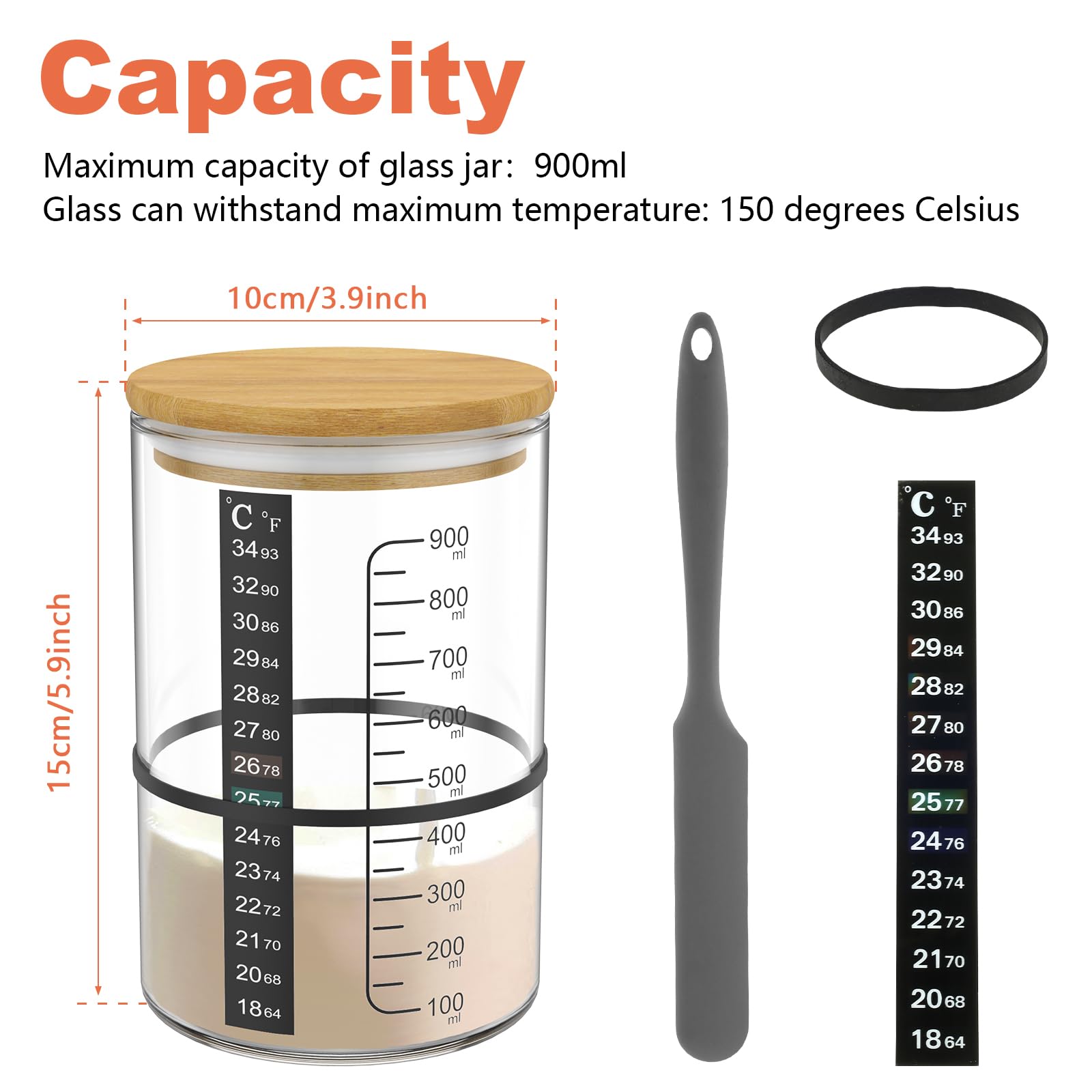 Txkrhwa Sourdough Starter kit, 900ml Glass Sourdough Starter Jar Wide Mouth Sourdough Fermentation Jar with Wooden Lid, Temperature Paper, Spatula Rubber String, Sourdough Bread Baking Supplies