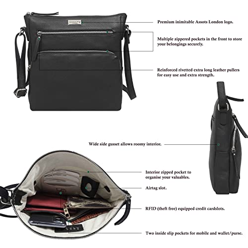 ASSOTS Genuine Leather Crossbody Bag for Women – Triple Zip Crossover Purse Travel Bag Fits iPad Pro 11” (AGATHA - Black Pebble Grain)