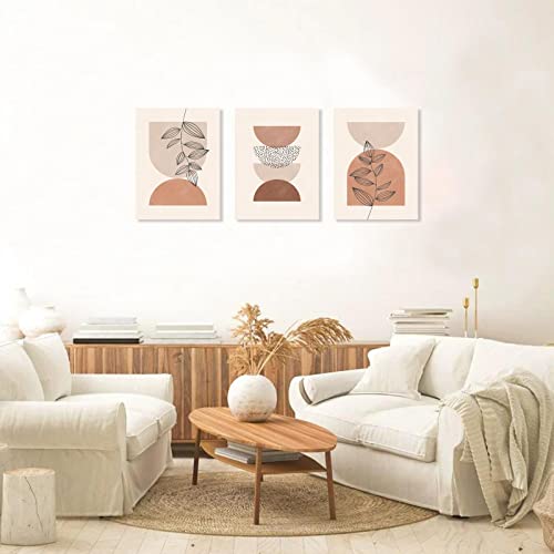 Minimalist Boho Wall Art Set of 3, Mid-Century Modern Wall Prints, Framed Neutral Abstract Geometric Prints Moon Botanical Artwork Paintings Posters Large Boho Wall Decor Ready To Hang for Bathroom Bedroom Living Room Boho Room Decor (12"x16")