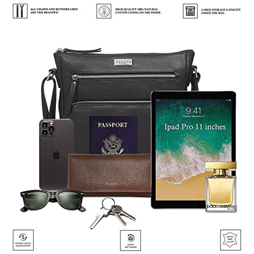 ASSOTS Genuine Leather Crossbody Bag for Women – Triple Zip Crossover Purse Travel Bag Fits iPad Pro 11” (AGATHA - Black Pebble Grain)