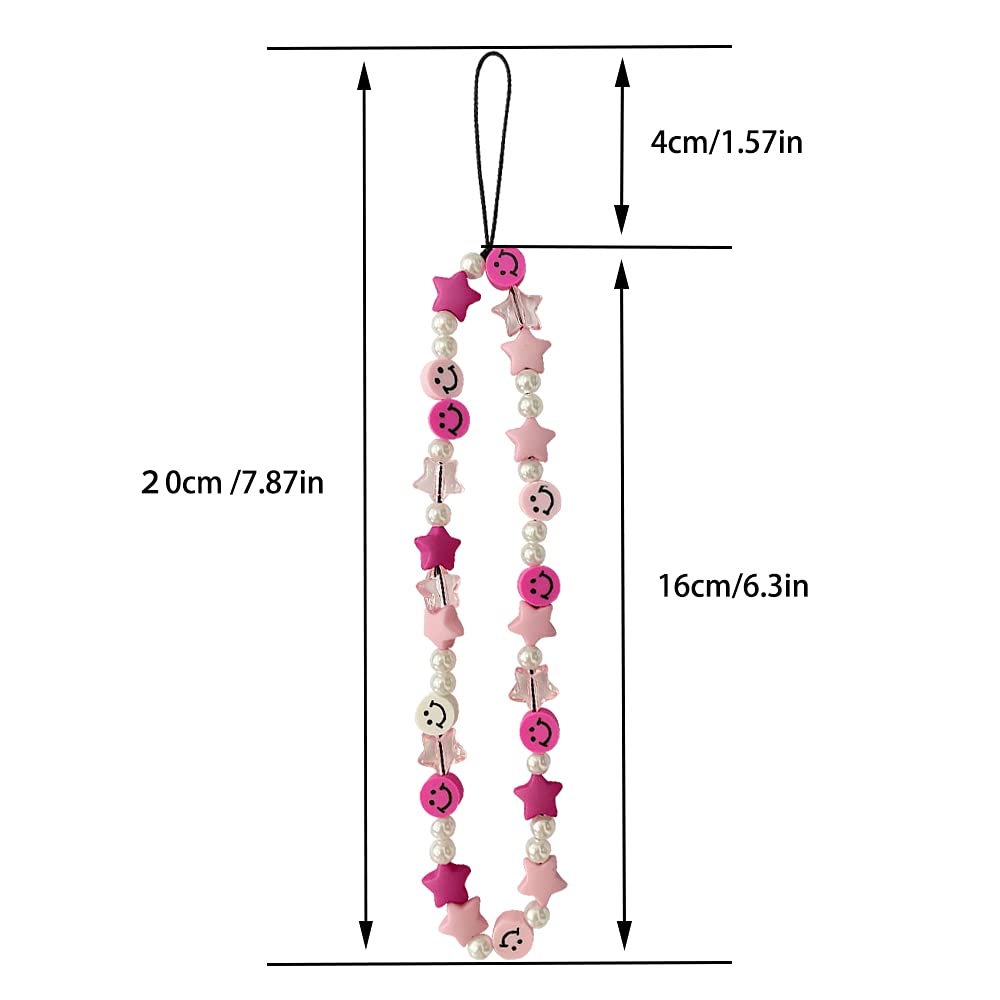 KURTCB Smile Face Beaded Phone Lanyard Wrist Strap Handmade Rainbow Clay Beads Pearl Car Key Camera Decoration Bracelet Keychain for Women Girls (Pink)