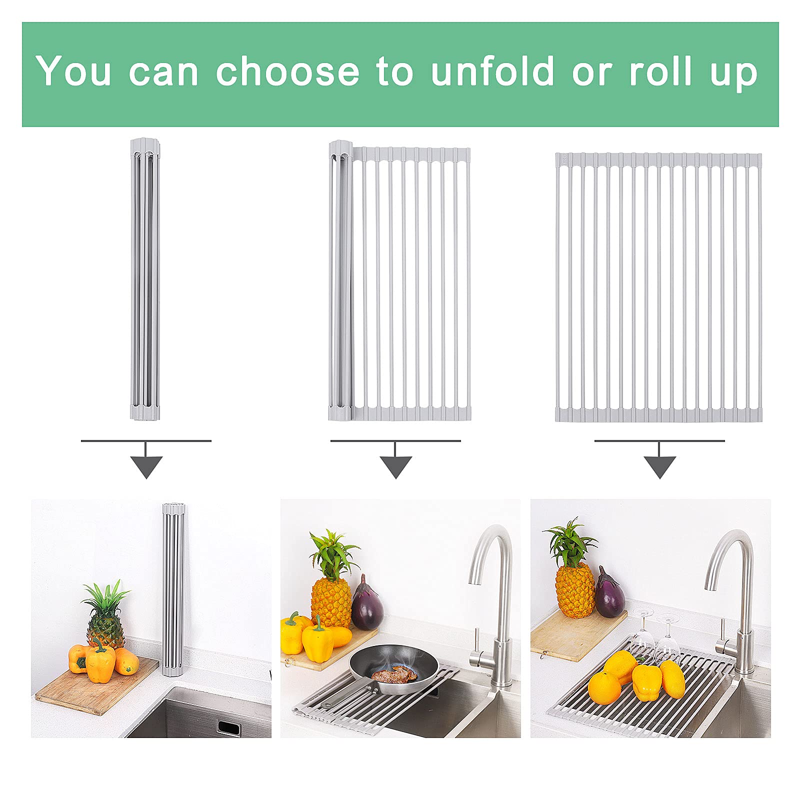 Roll Up Dish Drying Rack, ABQ Over Sink Dish Drying Rack, Foldable All Silicone Coated Rolling Sink Rack Mat Stainless Steel Dish Drainer for Kitchen (17.5''x13'')