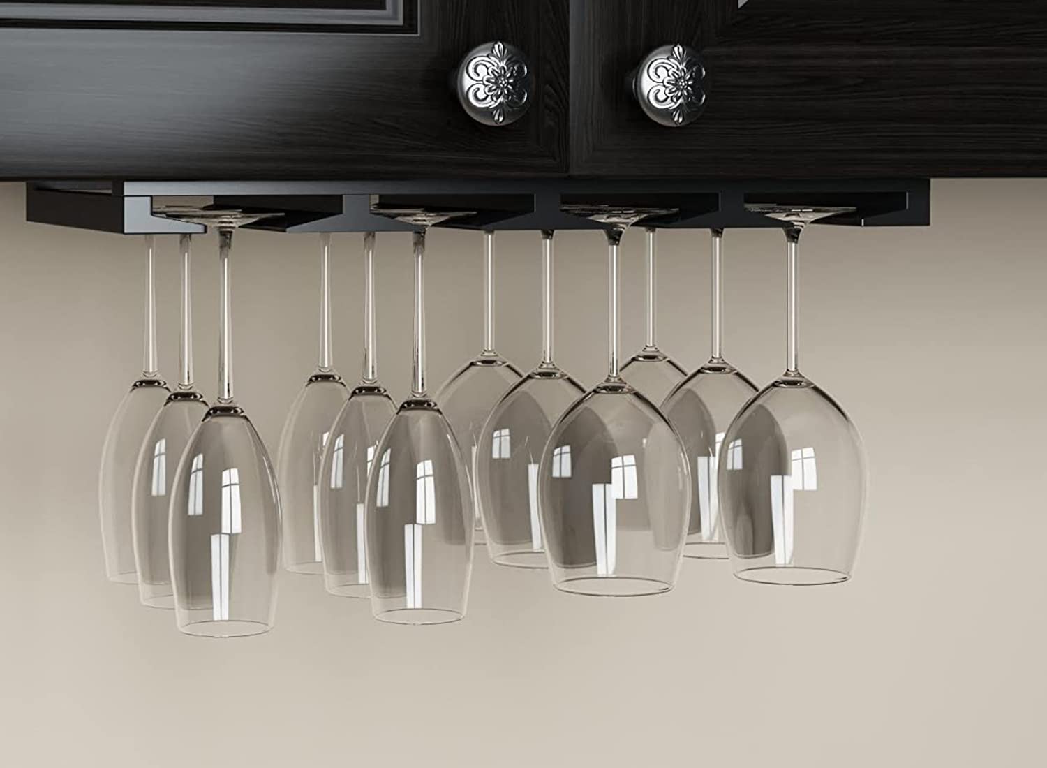 Rustic State 4 Sectional Adjustable Wood Under Cabinet Wine Glass Holder Wine Glass Rack Hanging Shelf Stemware Bar Organizer - 12 Wine Glass Storage - 10 Inch Deep - Black