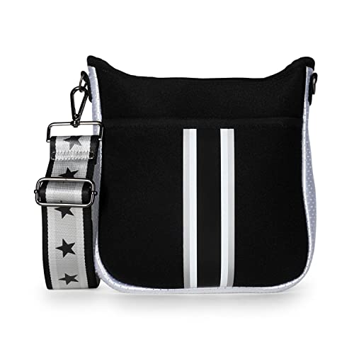 Haute Shore - Jeri Jazz Crossbody Tote, Black W/Black & Silver Stripe