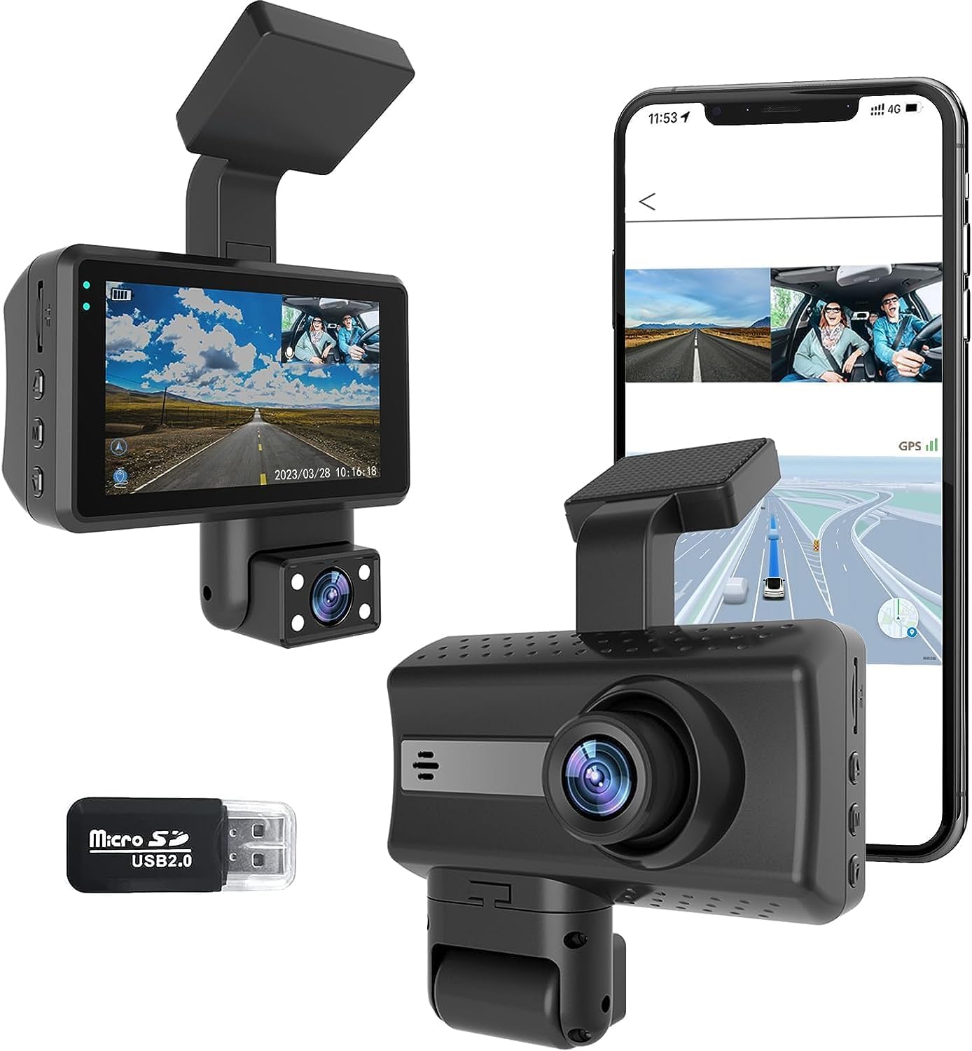 Dash Cam for Cars, 1080P Full HD DVR Dash Camera Front Rear/Inside, 3.0 Inch IPS Screen Dashboard Dashcam with 170° Wide Angle, Night Vision, Parking Mode, G-Sensor, Loop Recording