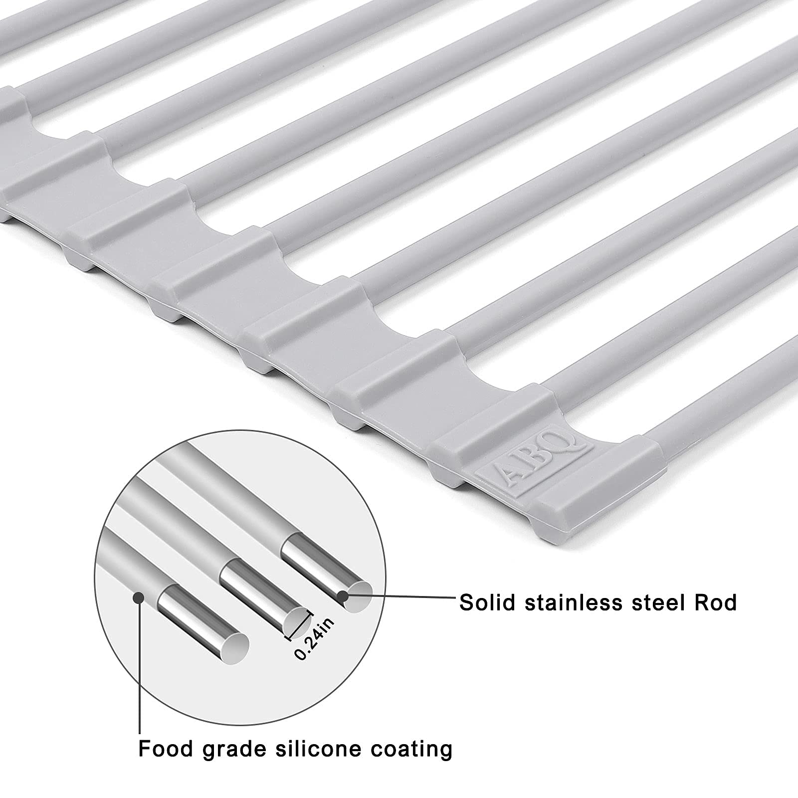 Roll Up Dish Drying Rack, ABQ Over Sink Dish Drying Rack, Foldable All Silicone Coated Rolling Sink Rack Mat Stainless Steel Dish Drainer for Kitchen (17.5''x13'')