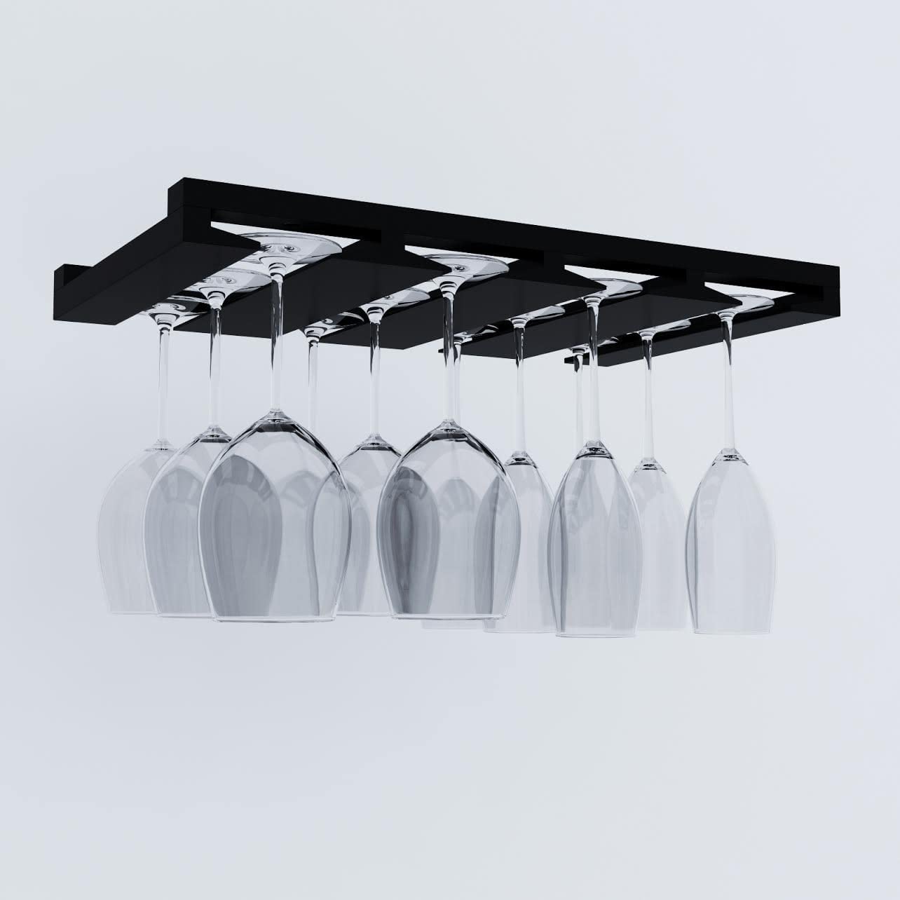 Rustic State 4 Sectional Adjustable Wood Under Cabinet Wine Glass Holder Wine Glass Rack Hanging Shelf Stemware Bar Organizer - 12 Wine Glass Storage - 10 Inch Deep - Black