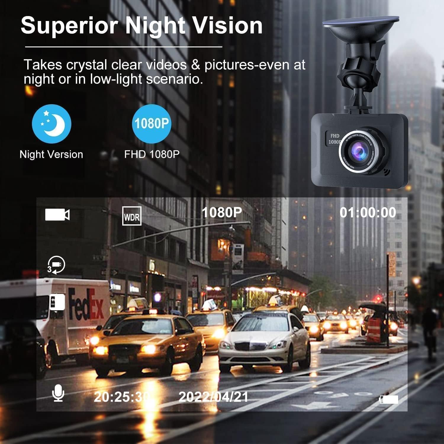 Dash Camera for Car, FHD 1080P, Super Night Vision, Dashcams for Cars w/WDR Loop Recording G-Sensor Parking Monitor Motion Detection Dashboard Camera