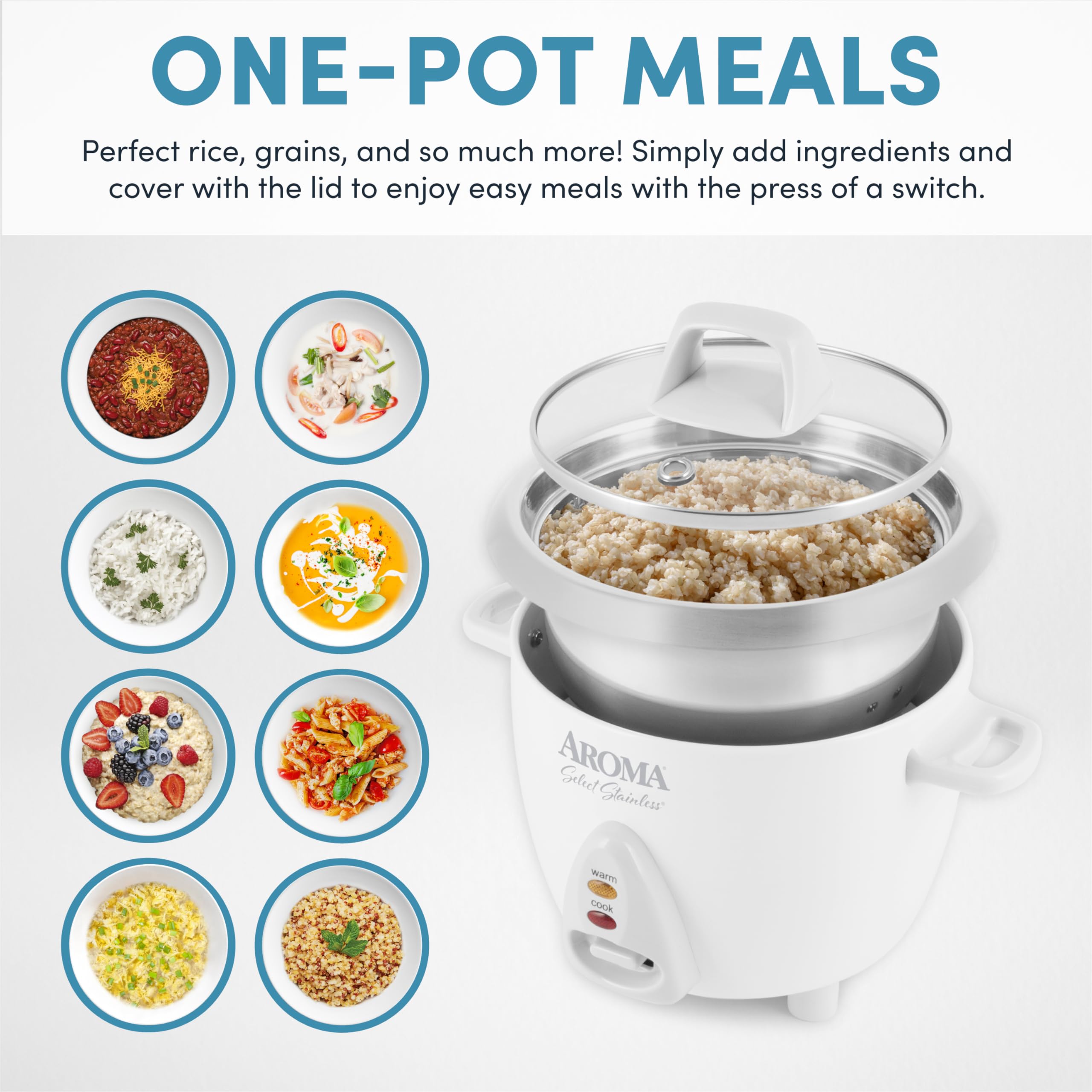 Aroma Housewares Select Stainless Rice Cooker & Warmer with Uncoated Inner Pot, 6-Cup(cooked) / 1.4Qt, ARC-753SG, White