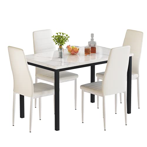 Lamerge Kitchen Tables Set for 4, Dining Faux Marble Top Table and 4 PU Leather Chairs, 5 Pieces Dining Room Table Set for Small Space, Breakfast Nook and Apartment,White+Beige,Dining Table024
