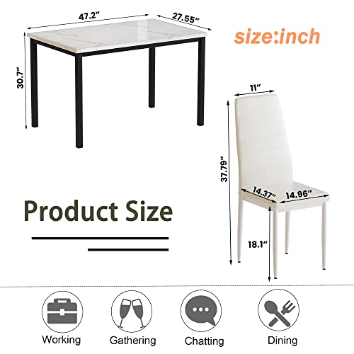 Lamerge Kitchen Tables Set for 4, Dining Faux Marble Top Table and 4 PU Leather Chairs, 5 Pieces Dining Room Table Set for Small Space, Breakfast Nook and Apartment,White+Beige,Dining Table024